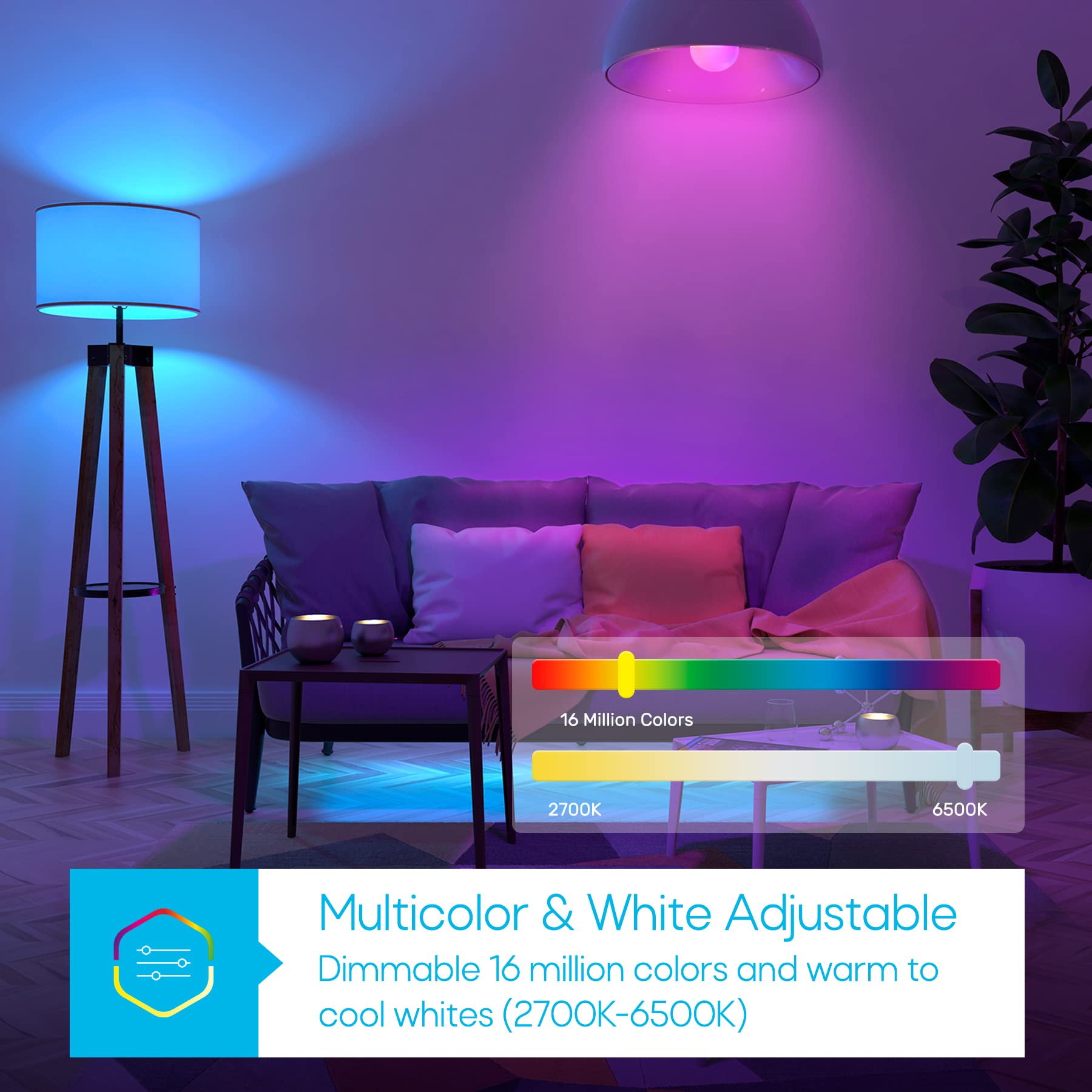 TRAMSMART Smart Light Bulbs, Color Changing Light Bulbs with Music Sync, WiFi&Bluetooth Smart Bulb Works with Alexa&Google Assistant, 80% Energy Saving A19, No Hub Required(2.4GHz, 9W 800LM, 2Pack)
