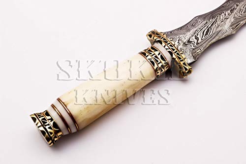 Skokie Knives HAND MADE DAMASCUS STEEL HUNTING DAGGER KNIFE WAVY BLADE WITH ORIGINAL CAMEL BONE