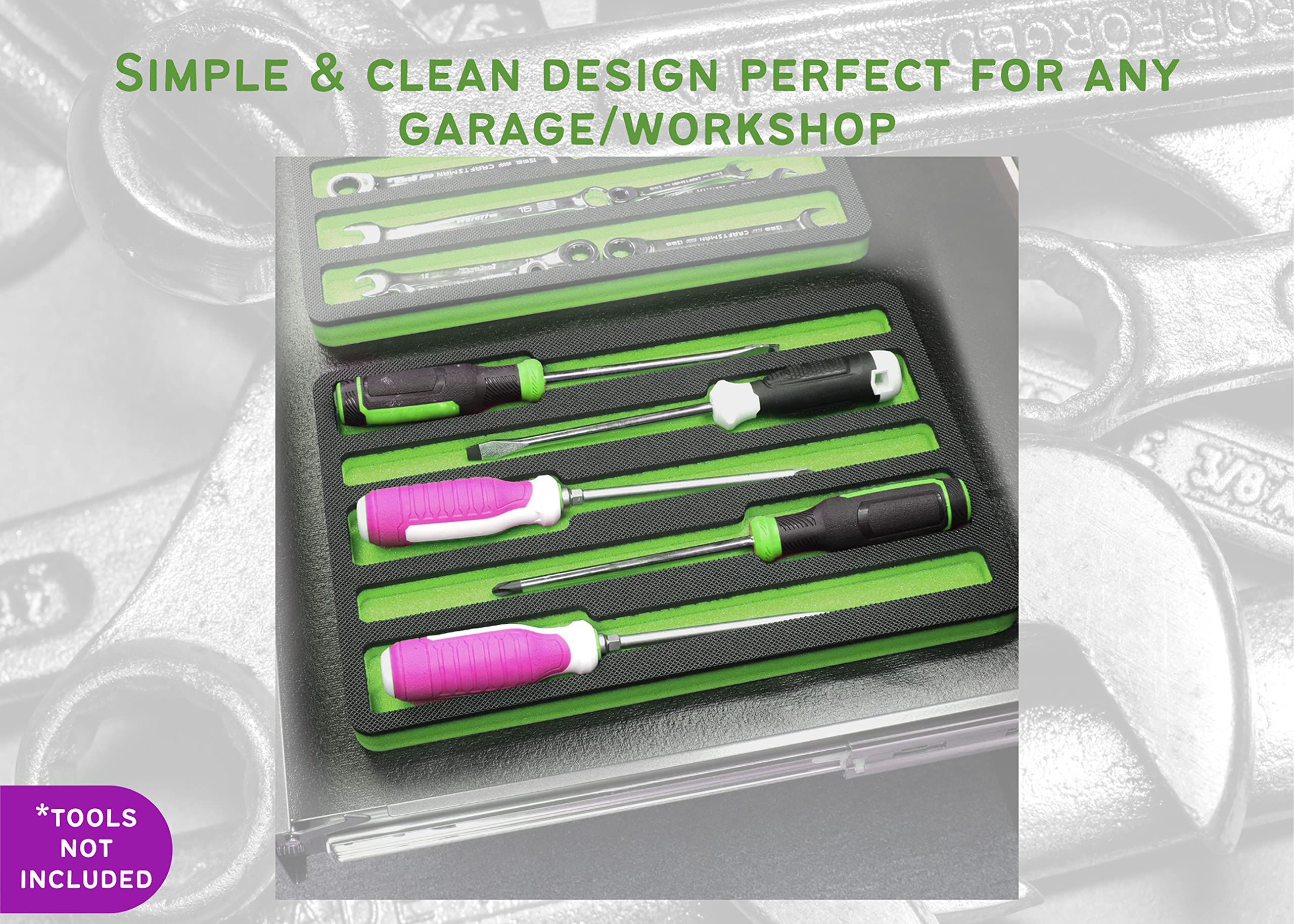 Polar Whale Tool Drawer Organizer 3-Piece Screwdriver Insert Set Green and Black Durable Foam Holds Many Tools 15 x 10 Inch Trays Fits Craftsman Husky Kobalt Milwaukee Many Others