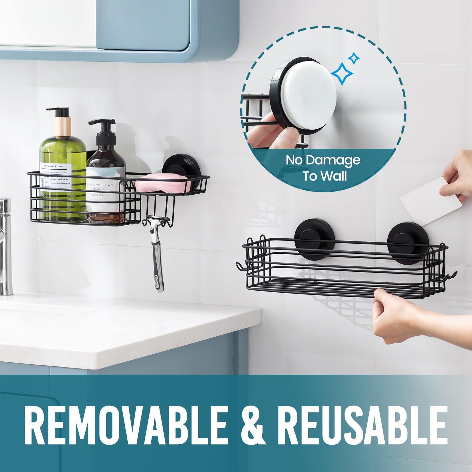 TAILI Shower Caddy Suction Cup 2 Pack with Hooks & Soap Holder, Heavy Duty Bathroom Shower Organizer, No Drilling Shower Shelves for Inside Shower, Stainless Steel Black Shower Holder Organizer