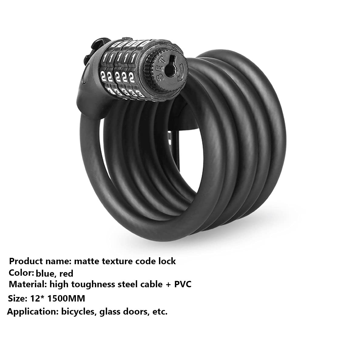 UFFD Bike Lock Bike Lock Cable 5-Digit Resettable Combination Self Coiling Combination Bicycle LockBike Cable Lock (Color : Black, Size : 12mmx1500mm)