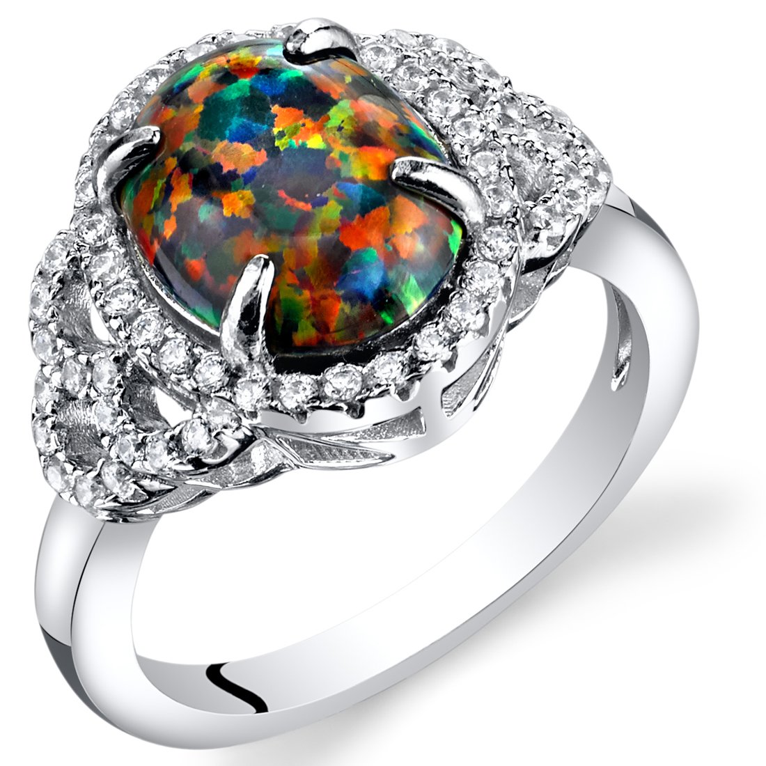 PEORA Created Black Fire Opal Large Vintage Style Ring for Women 925 Sterling Silver, 1.25 Carats Oval Shape 10x8mm, Size 9