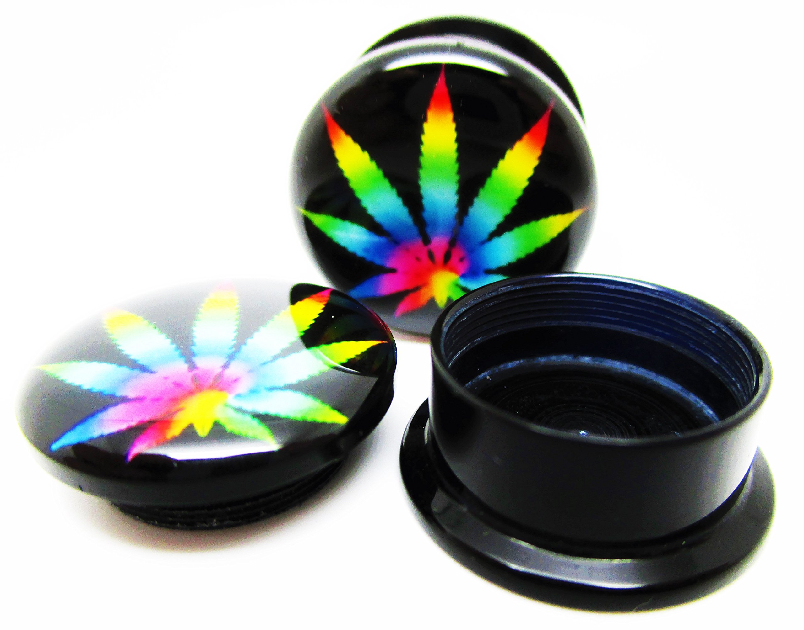 Pierced Republic Tie-Dye Pot Leaf Marijuana Ear Plugs - Acrylic Screw-On - New - 8 Sizes - Pair (0 Gauge (8mm))