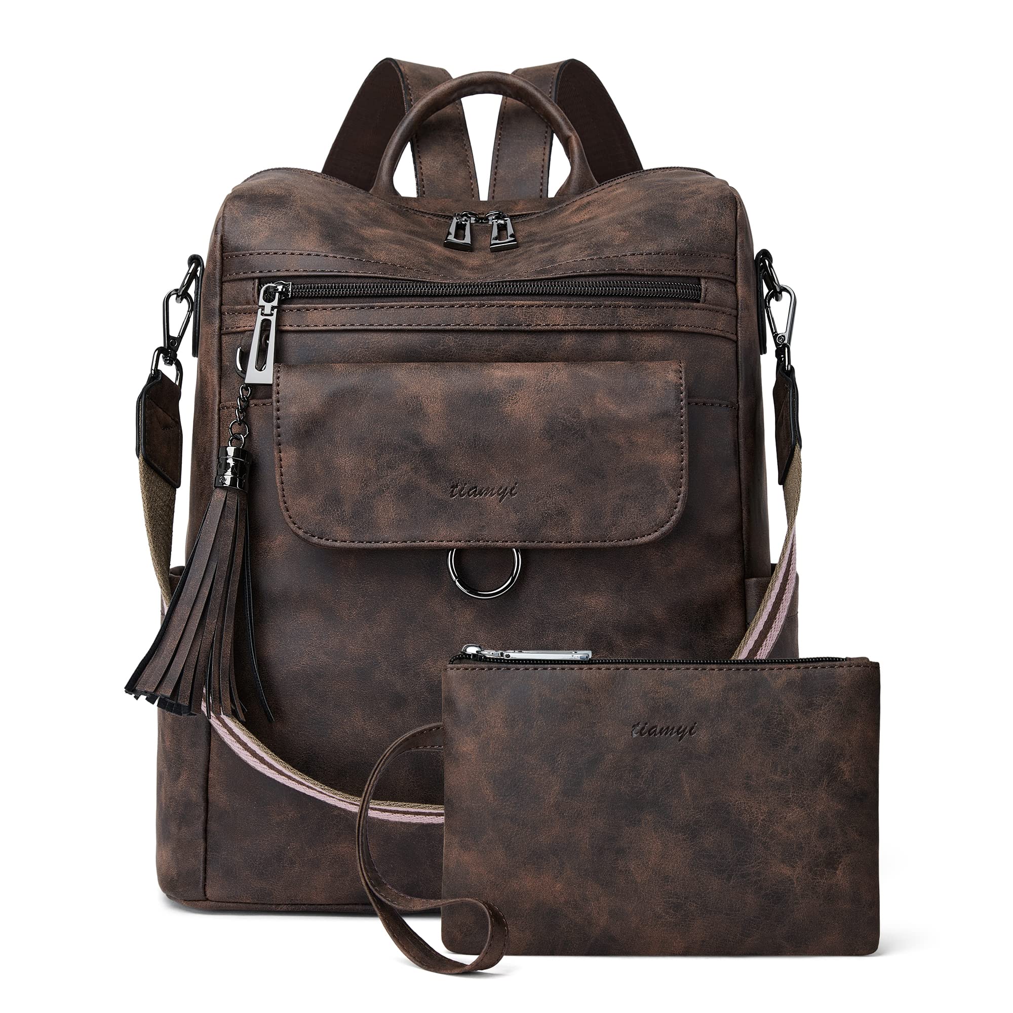 tiamyi Leather Backpack for Women, Backpack Purse for Women Fashion Convertible Shoulder Bags Daypack (1-2 coffee)