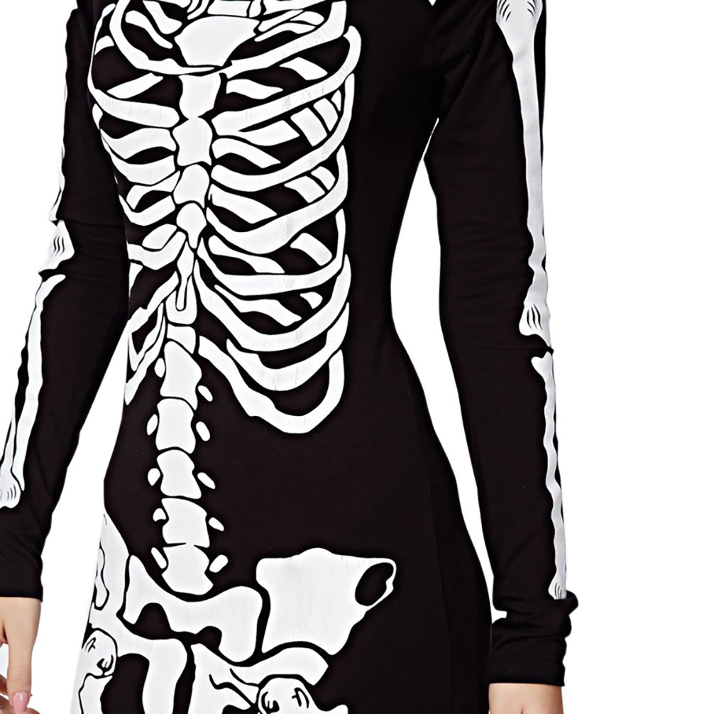 RieKet Women's Halloween Costume Skeleton Dress Long Sleeves Stretchy Short Mini Dress (XL, Black)