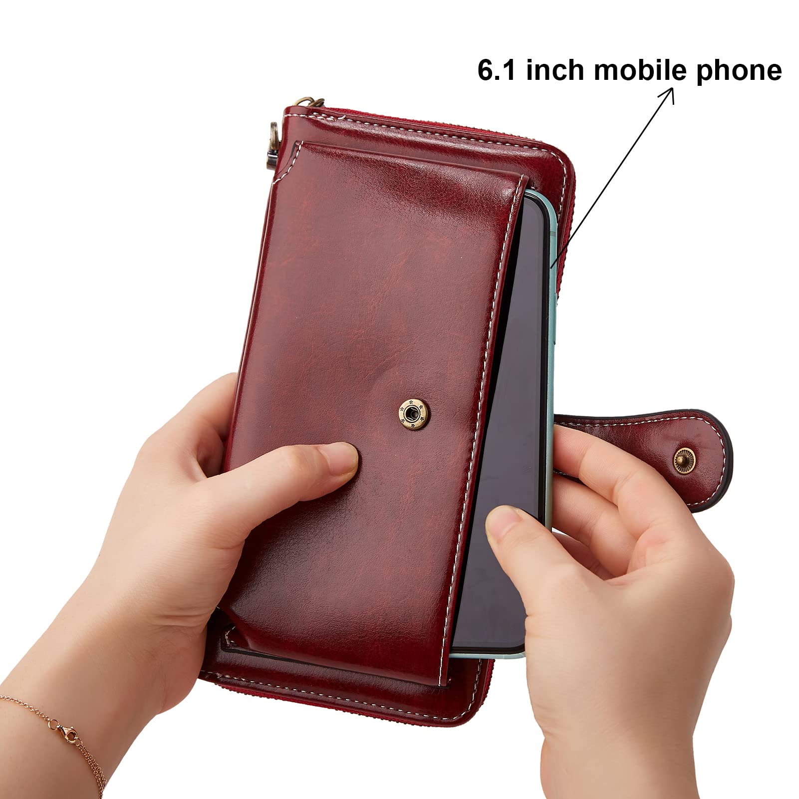ZHIERNA PU Leather Wallet for Women, Credit Card Holder for 6.67in Cellphone, Zipper Around Wristlet Wallets (Wine Red)