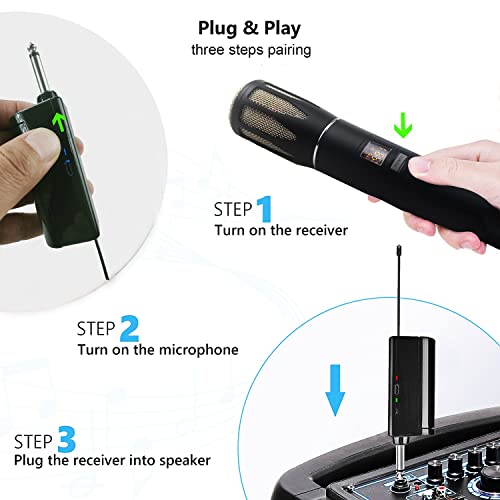 Wireless Microphone, 260ft UHF Metal Dynamic Handheld Multipurpose Mic with Rechargeable Receiver(Plug & Play 1/4‘’Output), for Karaoke Machine, Amp, PA Speaker, Wedding, DJ, Party, Speech, Class Use