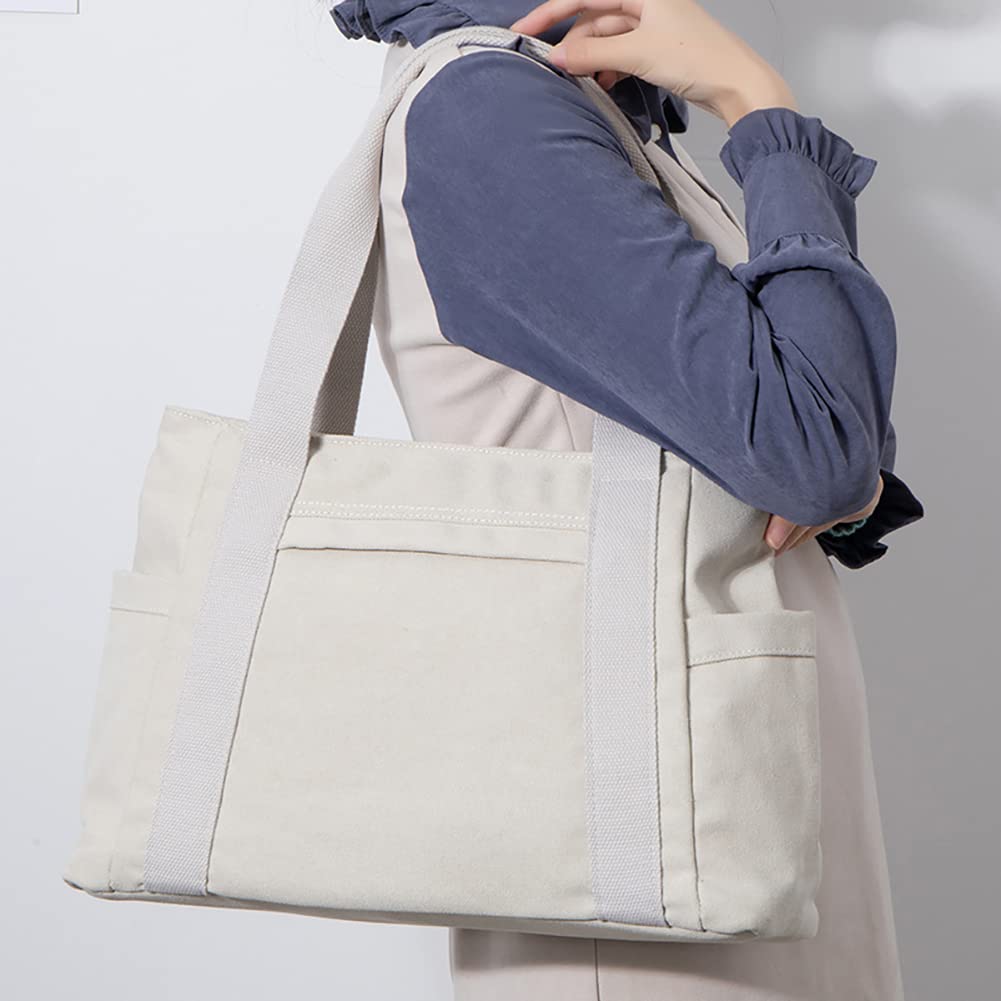 Women’s Canvas Tote Purses Fashion Small Shoulder Handbag with Top Handles Pockets Lightweight Work Bag