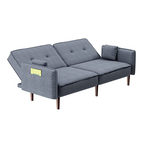 Penifun Convertible Futon Sofa Bed Sleeper Couch Folding Lounge Living Room Linen Upholstered 75 INCH 3 Setaer Loveseat with Armrest & 2 Pillows & 3 Backrest Settings-120°/150°/180°, Gray, Grey