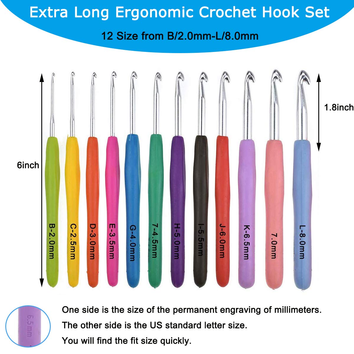 YAOYUE Set of 38pcs Crochet Kit-12 pcs Extra Long Ergonomic Crochet Hook Set Size 2mm-8mm Knitting Needles with Storage Bag and Crochet Accessories