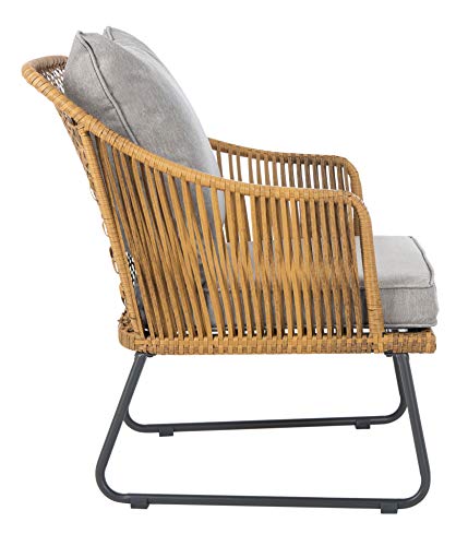 SAFAVIEH Outdoor Collection Jensen Natural Brown Rattan/Grey Seat Cushion 3-Piece Patio Lounge Bistro Set with Table (PAT9008A)