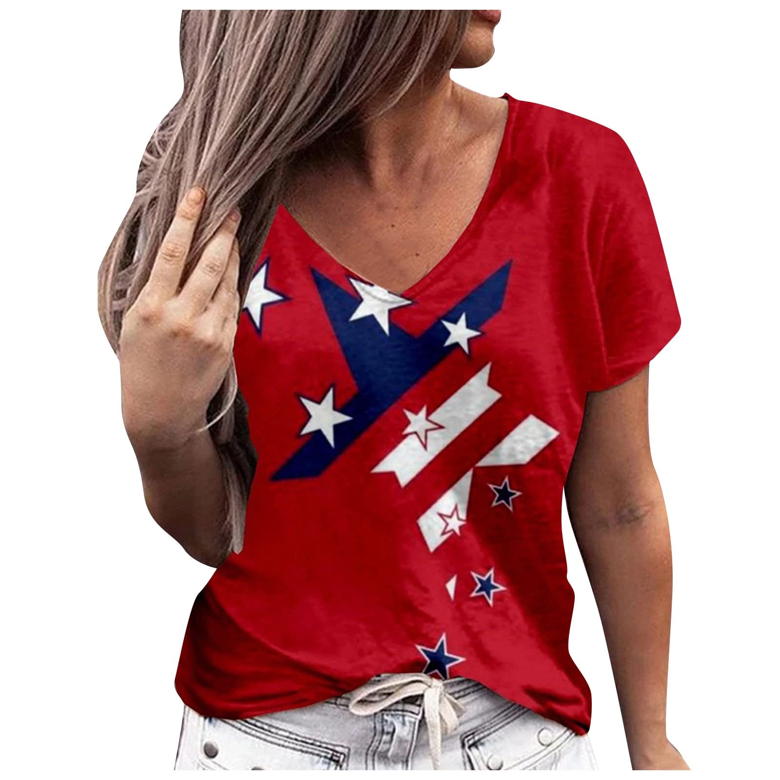 Women's Summer Tops American Flag Print Tunic Short Sleeve V Neck Independence Day Tees Slim Casual Blouses Red X-Large