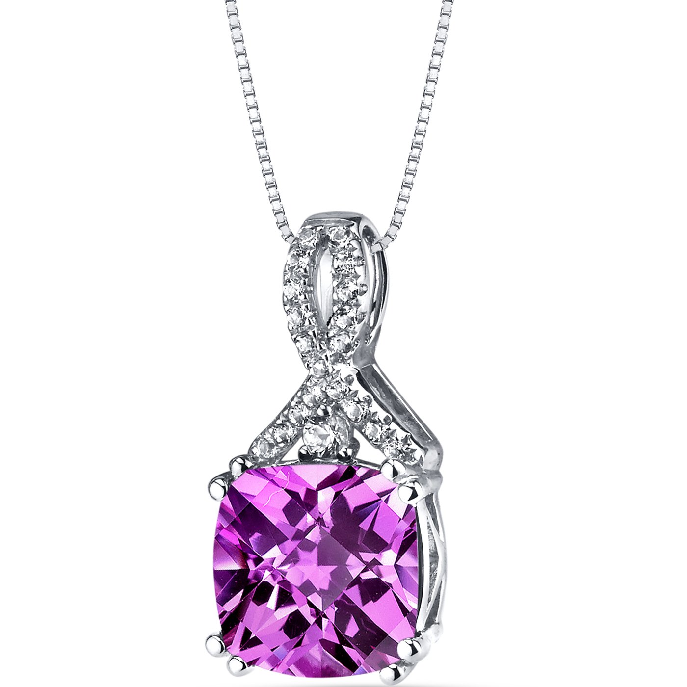 Peora Created Pink Sapphire with Genuine White Topaz Open Infinity Pendant for Women 14K White Gold, 4.25 Carats Cushion Cut 9mm, with 18 inch Chain