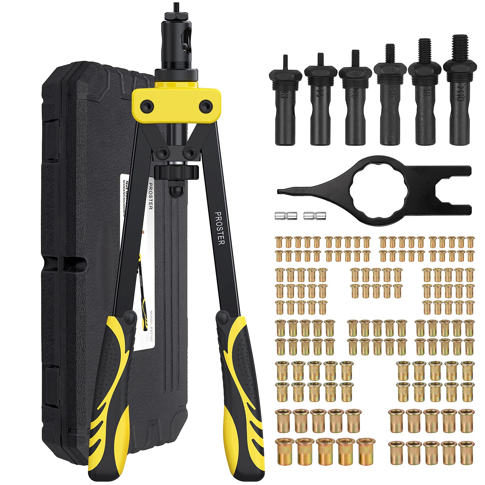 Rivet Nut Tool, Proster 14" Heavy Duty Hand Rivet Nut Thread Setter Kit with 6pcs Metric Mandrels, 150pcs Rivet Nuts