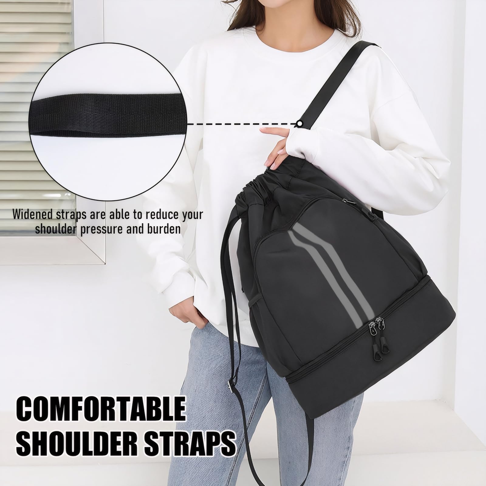 Oziral Drawstring Backpack, Water-Resistant Sports Gym Bag with Shoe Compartment and Two Side Mesh Pockets, String Backpack with Reflective Strip for Men and Women (Grey)