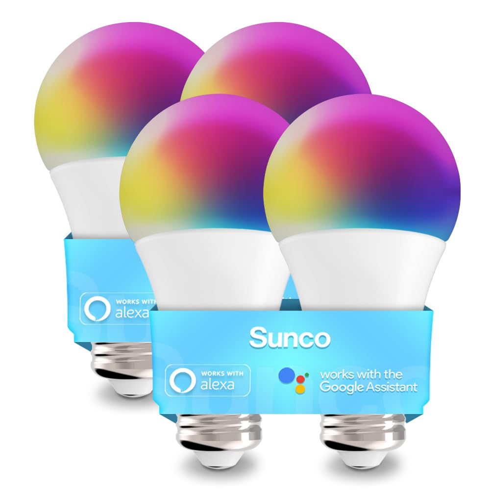 Sunco 4 Pack Smart WiFi Bulbs Alexa, A19 Dimmable Smart LED Color Changing RGB, 6W, 480 LM, E26 Base, Multicolored, Compatible with Amazon Alexa & Google Assistant, Tunable White