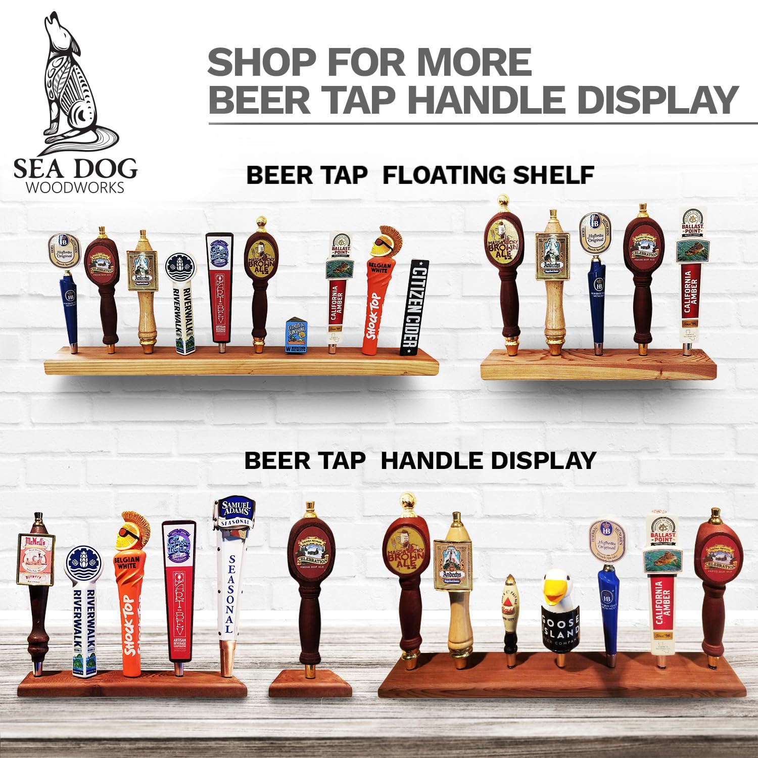 Tap Handle Holder Display Floating Shelf | Wall-Mounted Tap Handle Display Shelf Constructed from Reclaimed Redwood | Beer Tap Holder for 10 Tap Faucet Handles | Made in USA (10 Tap Handles)