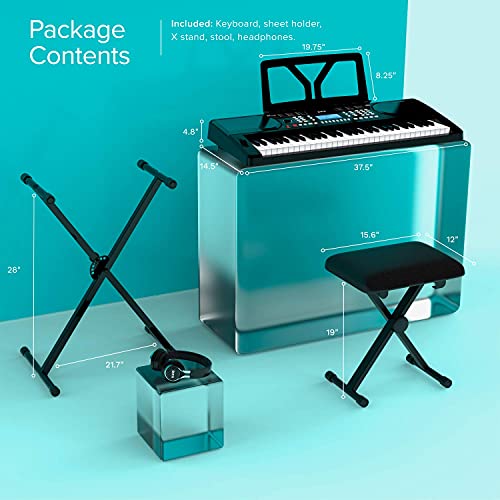 RIF6 Electric 61 Key Piano Keyboard - with Over Ear Headphones, Music Stand, Digital LCD Display, Teaching Modes and Adjustable Stool - Electronic Musical Instruments Starter Set for Kids and Adults