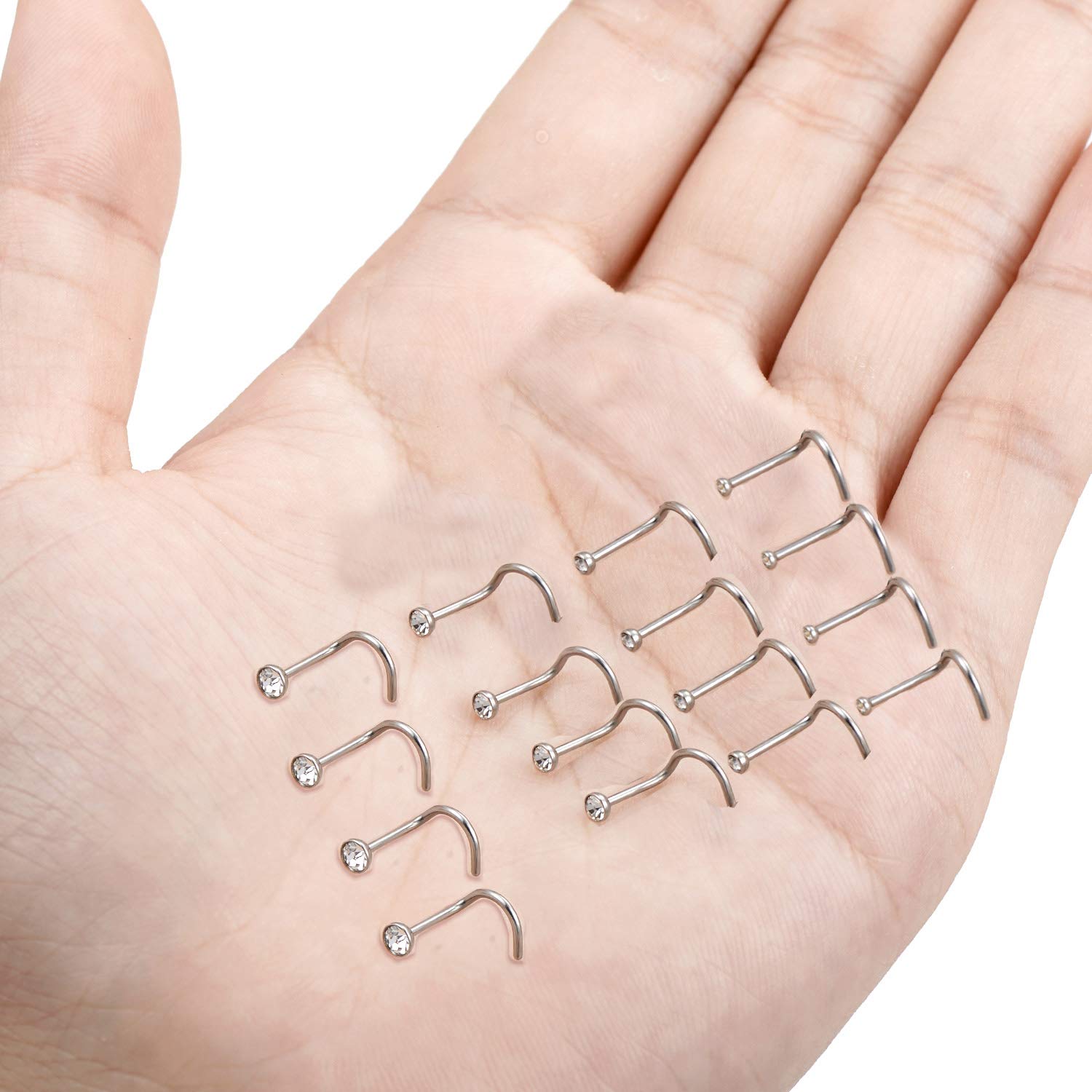 Tornito 20G 40Pcs Stainless Steel Curved Nose Stud Nose Ring CZ L Bone Screw Shaped Nose Screw Piercing Jewelry for Women Men