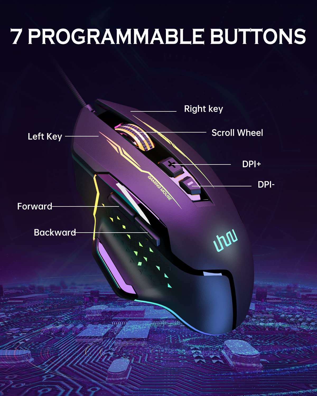 UHURU Wired Gaming Mouse, WM-07L RGB Computer Wired Mouse with 7 Programmable Buttons 14 Backlights Modes up to 12800 DPI for Windows PC Laptop Gamers