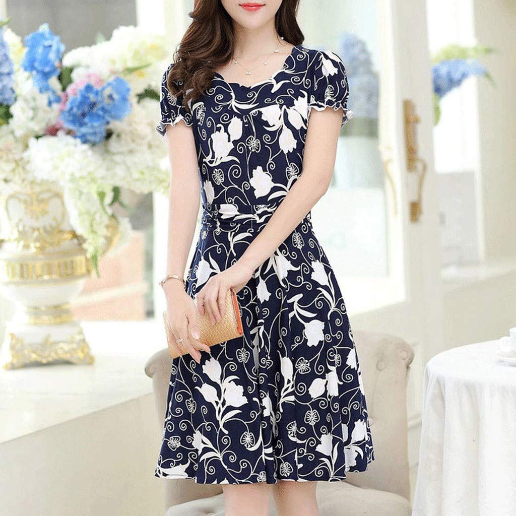 Women's Floral Swing Dress High Waisted Pattern Printed Short Sleeve Retro Pleated Round Neck A-Line Dress Black