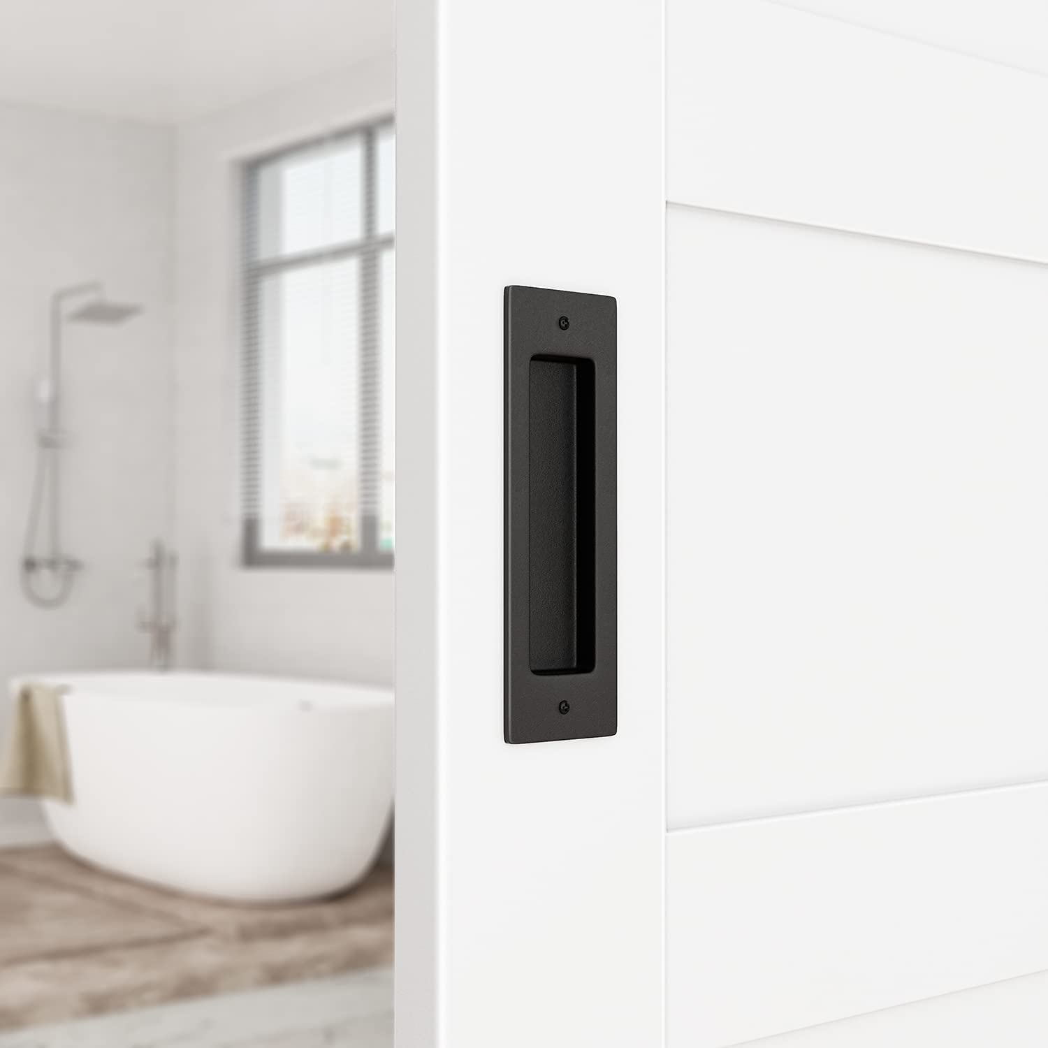 WINSOON 4FT Antique Single Sliding Barn Door Hardware Roller Track Kit with 1 Pcs 6-1/2" Flush Pull Handles, Rectangular Recessed Invisible Flat Finger Pull Set