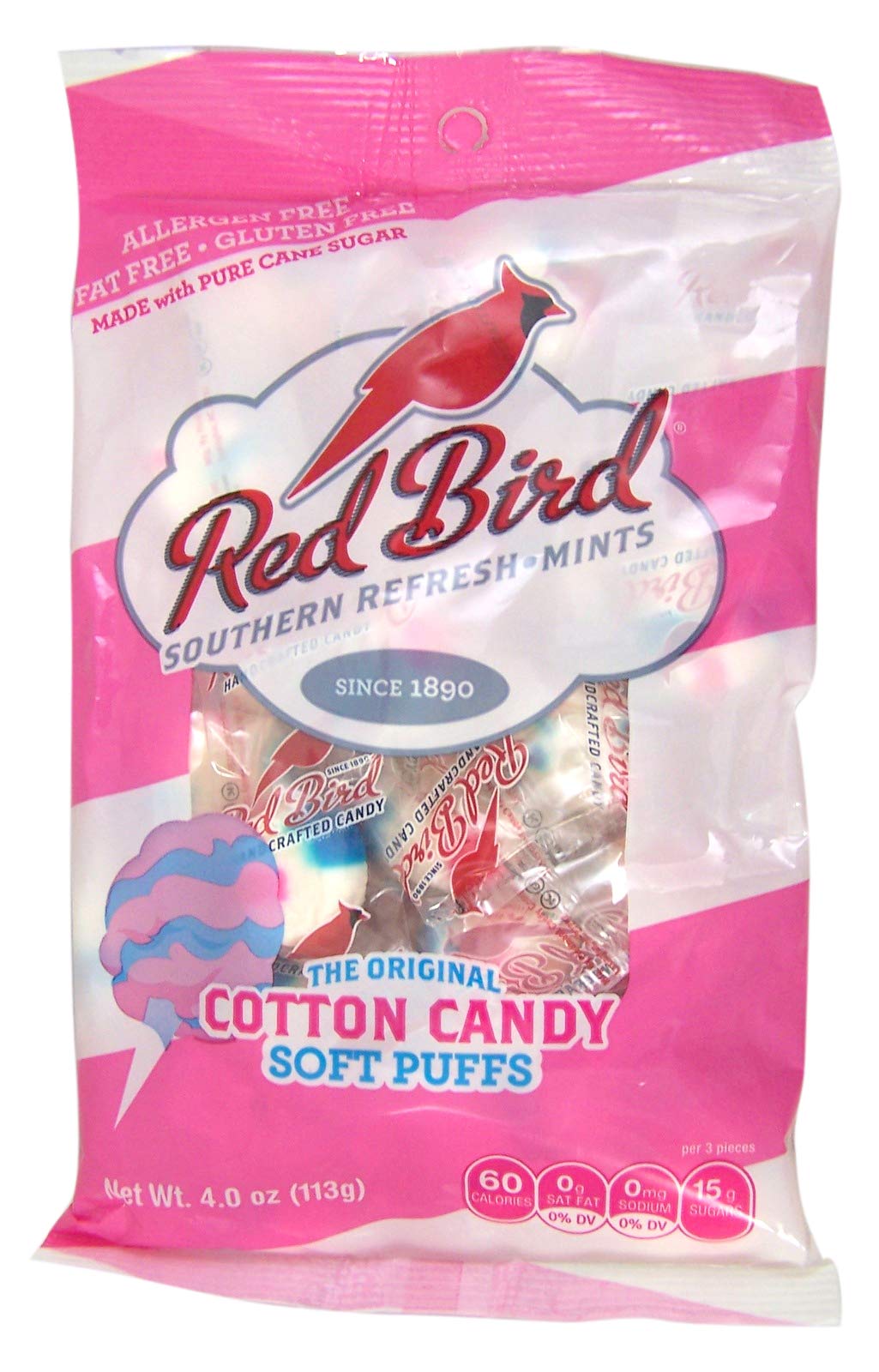 Red Bird Soft Cotton Candy Puffs 4 oz peg bag