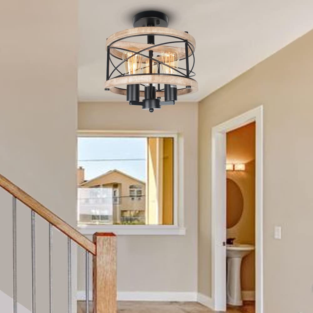 Round Rustic Semi Flush Mount Ceiling Light, Wood Farmhouse Kitchen Light Fixture Black Metal Industrial Bathroom Bedroom Cage Ceiling Lighting 3 Lights Edison E26 17121B