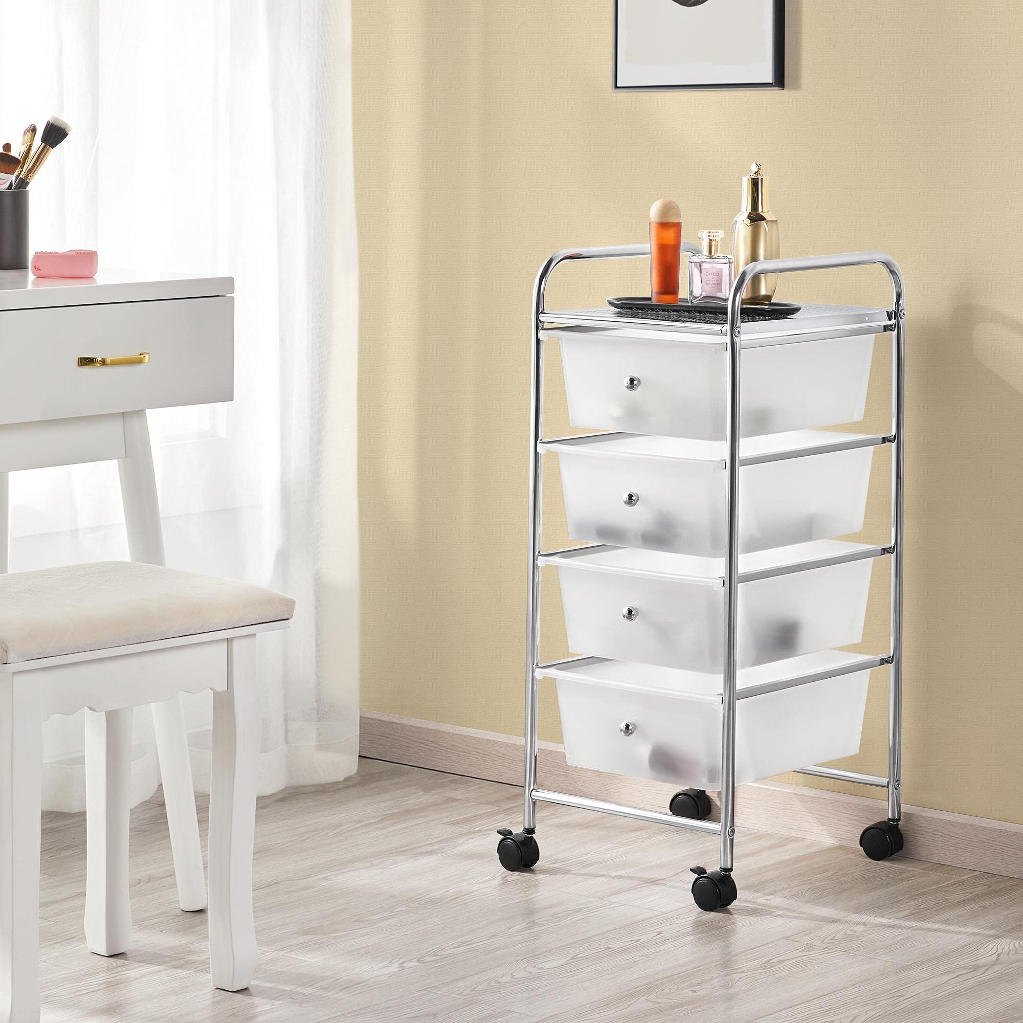 Topeakmart 4 Tier Rolling Storage Cart with Removable Drawers Plastic Trolley Organizer craft cart organizer with drawers 360 Castor Wheels Cart, White