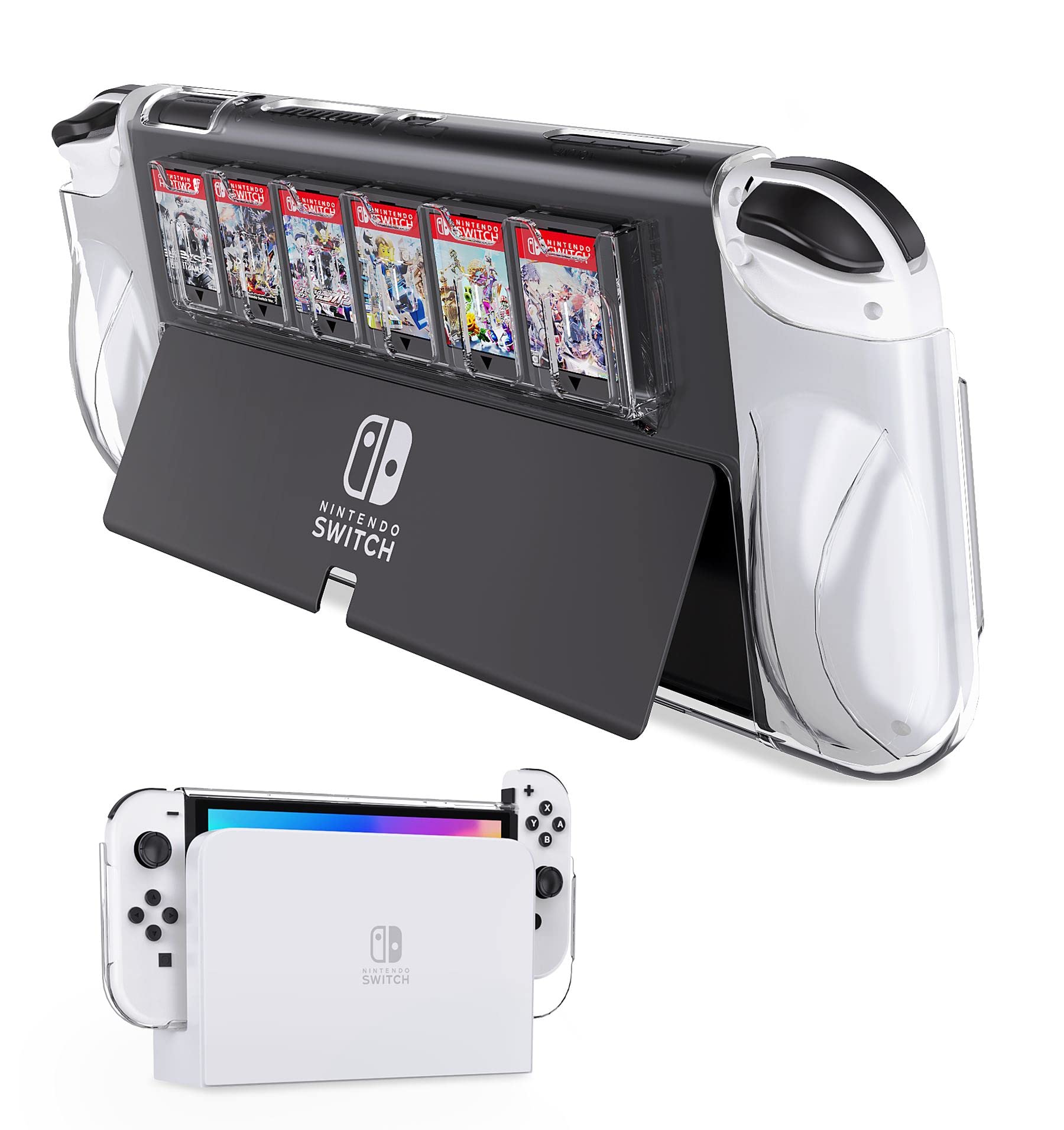 Trconk Clear Protective Case Compatible with Nintendo Switch OLED Model, Dockable Case Cover for Switch OLED with No-Slip Comfort Grip, 6 Game Card Storage, Hard PC Shell Protector Accessories