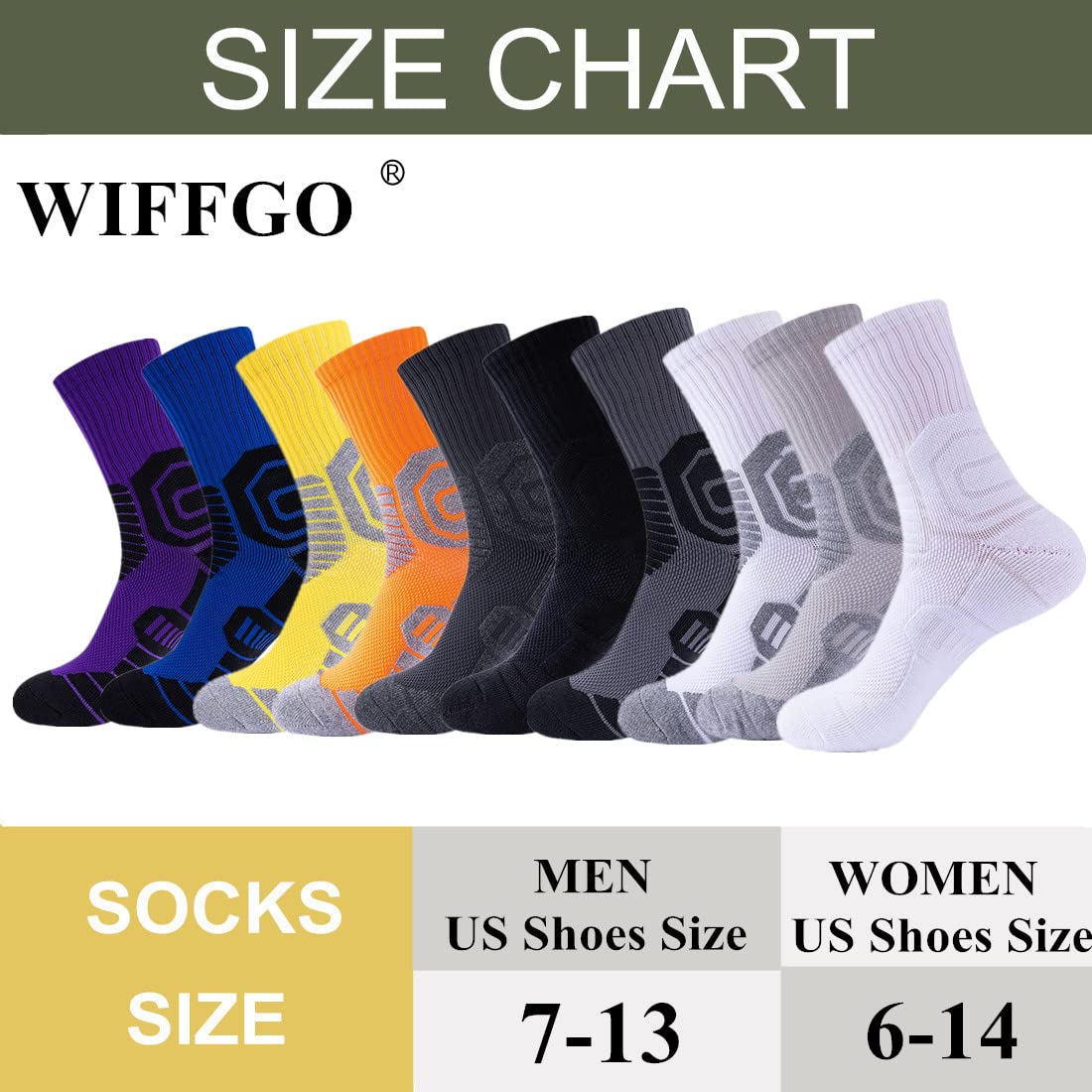 WIFFGO Athletic Cushioned Socks For Men Sports Wicking Running Compression Workout Size 6-14 Outdoor Mens Crew Socks