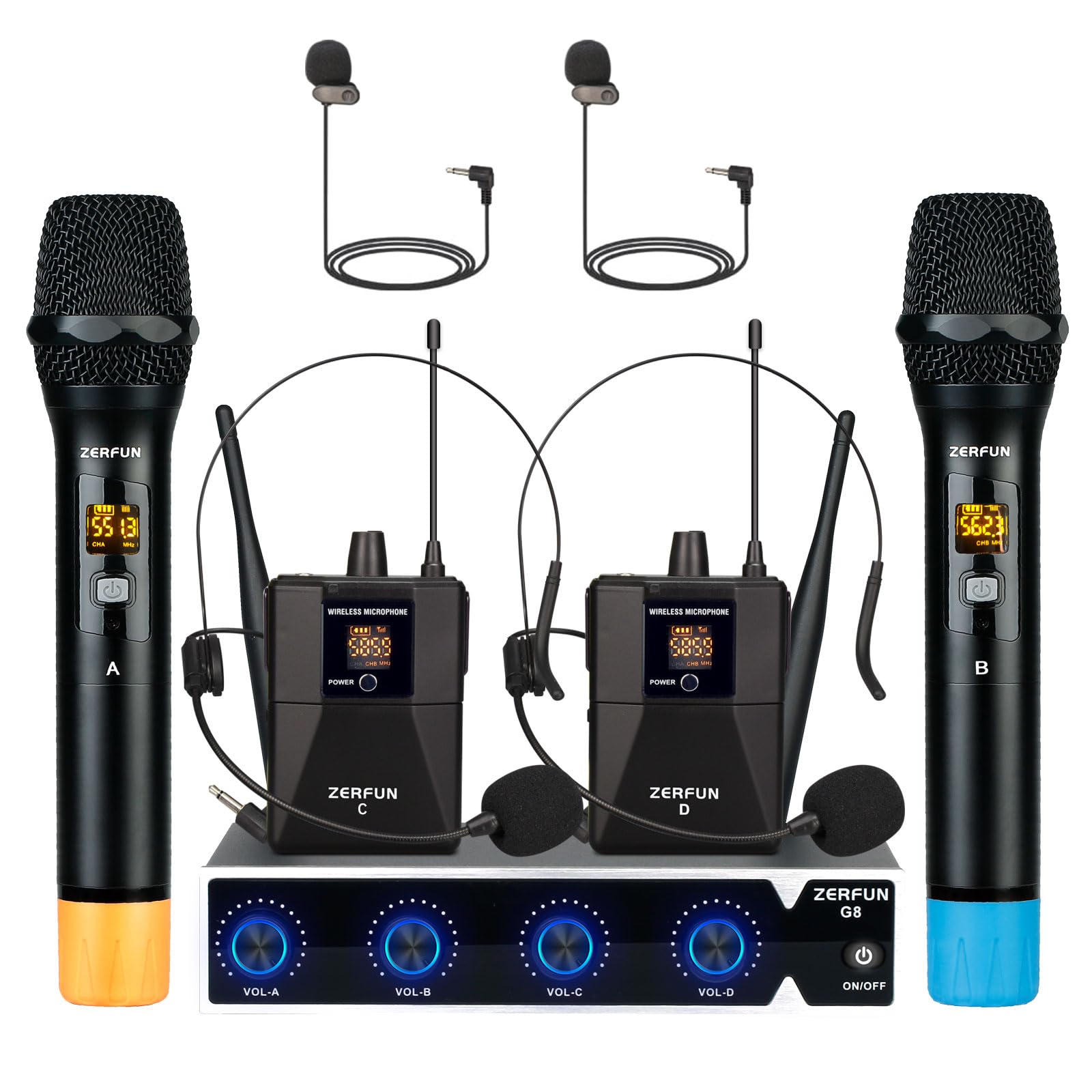 ZERFUN Pro Wireless Microphone System 4 Channel, UHF Metal Cordless Handheld Mics for Church Karaoke Singing, 4x50 Adjustable Frequency(S10 Battery 4 Handheld)