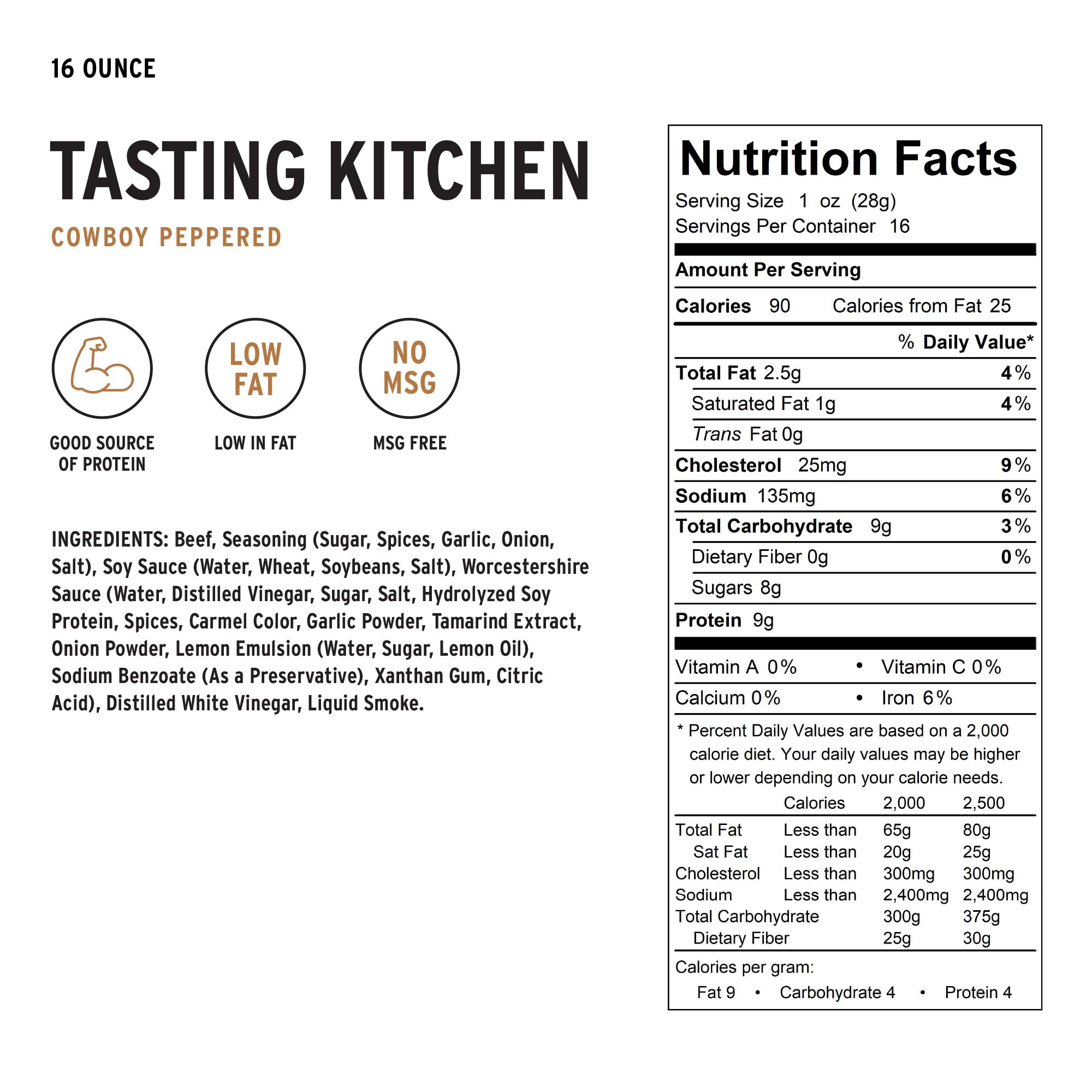 People's Choice Beef Jerky - Tasting Kitchen - Cowboy Peppered Beef Jerky - Camping Food, Backpacking Snacks, Road Trip Snacks - High Protein Low Sodium Healthy Snacks - 1 Pound, 16 oz - 1 Bag