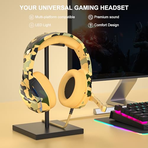 PHOINIKAS PS4 Gaming Headset with 7.1 Surround Sound, PC Headset with Noise Canceling Mic & LED Light, H3 Over Ear Headphones for Nintendo Switch, PS5, Xbox One, Laptop (Camo)