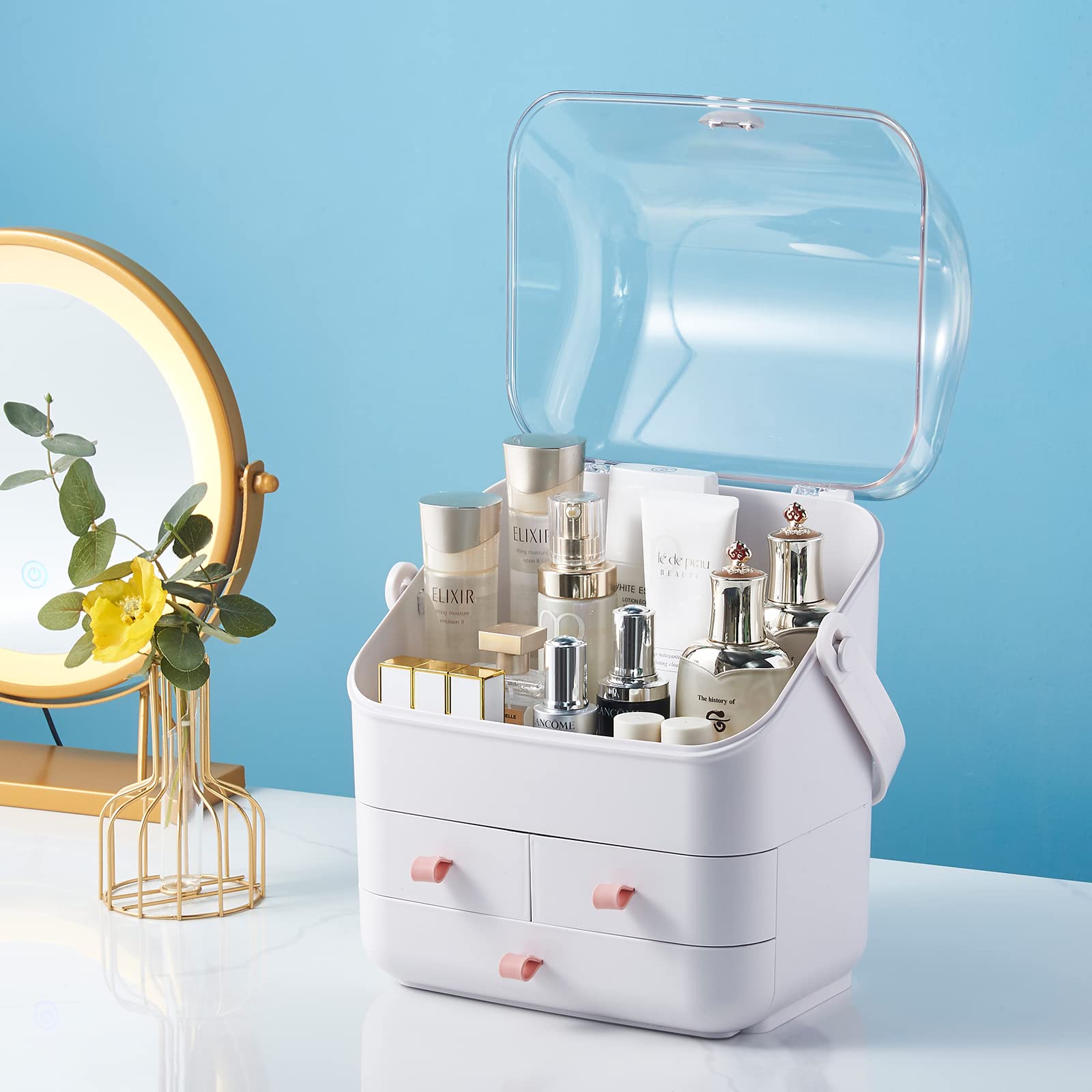 SUNFICON Makeup Organizer Holder Cosmetic Storage Box with Dust Free Cover Portable Handle,Fully Open Waterproof Lid, Dust Proof Drawers,Great for Bathroom Countertop Bedroom Dresser White