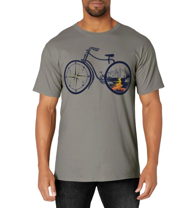 Retro Bicycle with Compass and Mountains - Cycling T-Shirt