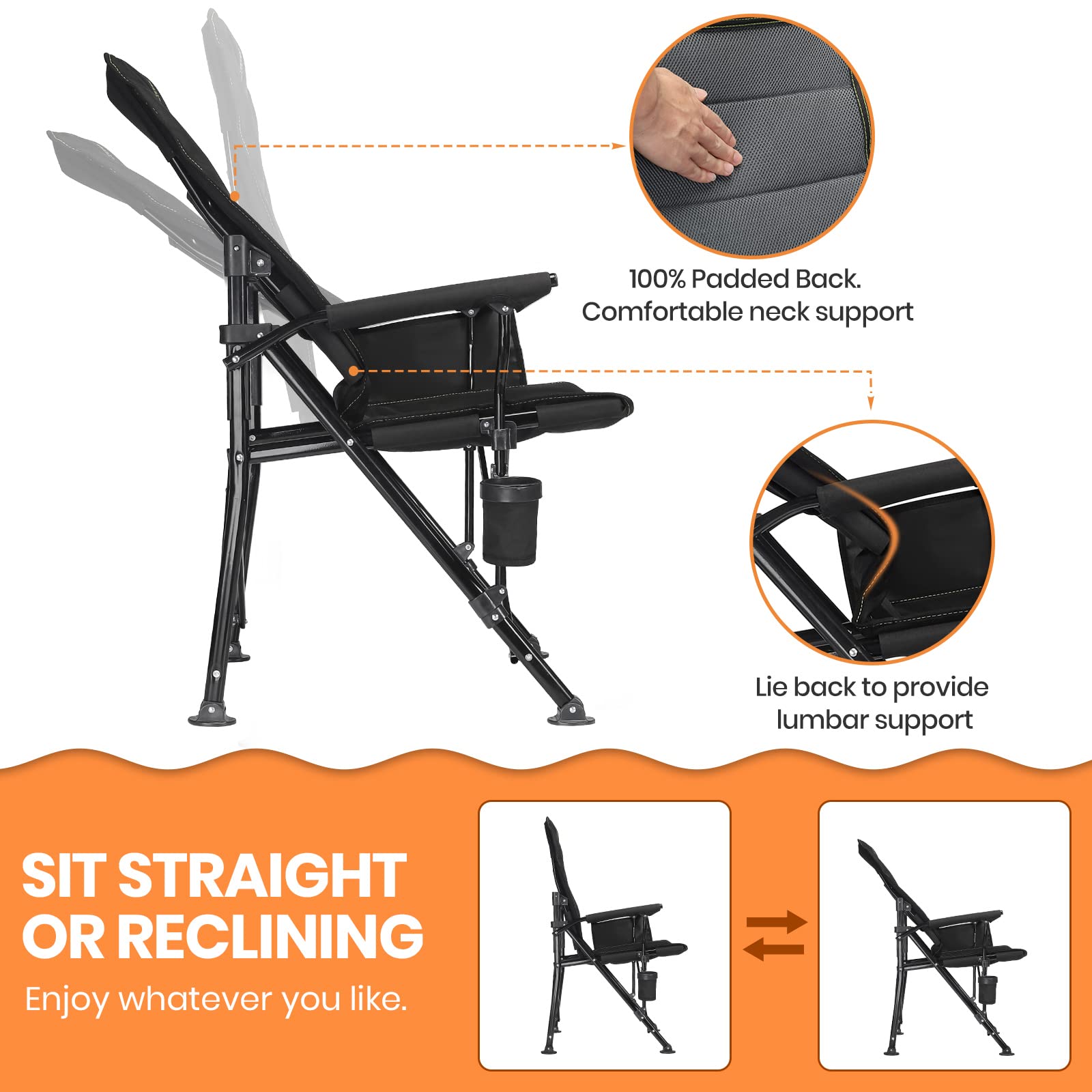 XGEAR Large Sized Hard Arm Adjustable Back Camping Chair Padding Chair (Black)