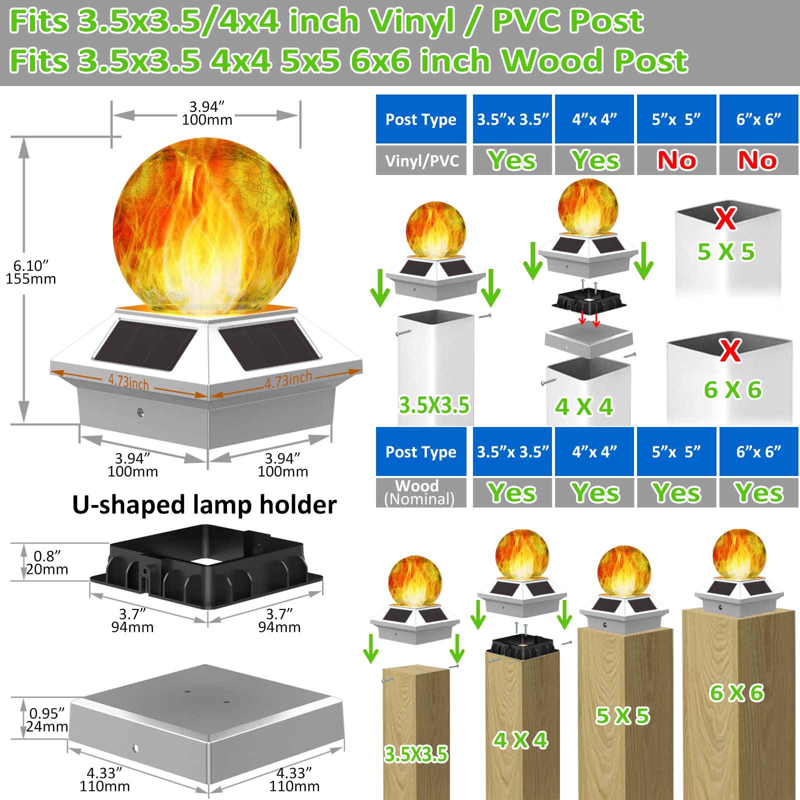 Solar Fence Post Cap Light,Solar Post Flame Lights Outdoor Cap Lights 4 Pack for Mailbox,Deck or Patio,Waterproof Outdoor Cap Lamp Post Fits 4X4, Wooden Posts or 3.5X3.5 Vinyl/PVC Fence Posts