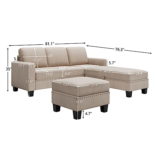 RUIZE Elegant Full Size Linen Upholstered Daybed Reversible Sectional Couch with Storage Ottoman L-Shaped Sofa, Sectional Sofa with Chaise