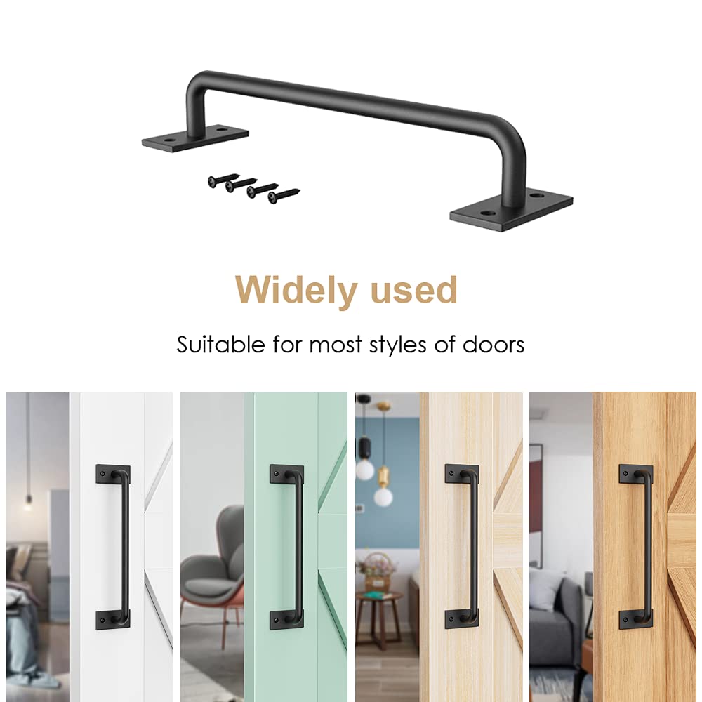 WINSOON 12'' Sliding Door Handle Hardware Barn Rustic Bar Pulls, Industrial Simple Iron Gate Handle Pull Set for Garage Cabinet, Flush Face Mounting with Screws, Black