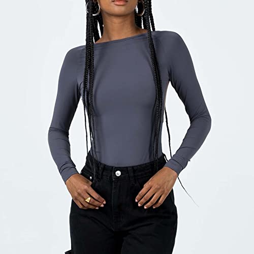 Women's Y2Ks Skinnys Long Sleeve Crop Tops Tight T-Shirts Layer Tee Tops Y2Ks Athletic Yoga Spring Pullover Shirts Grey