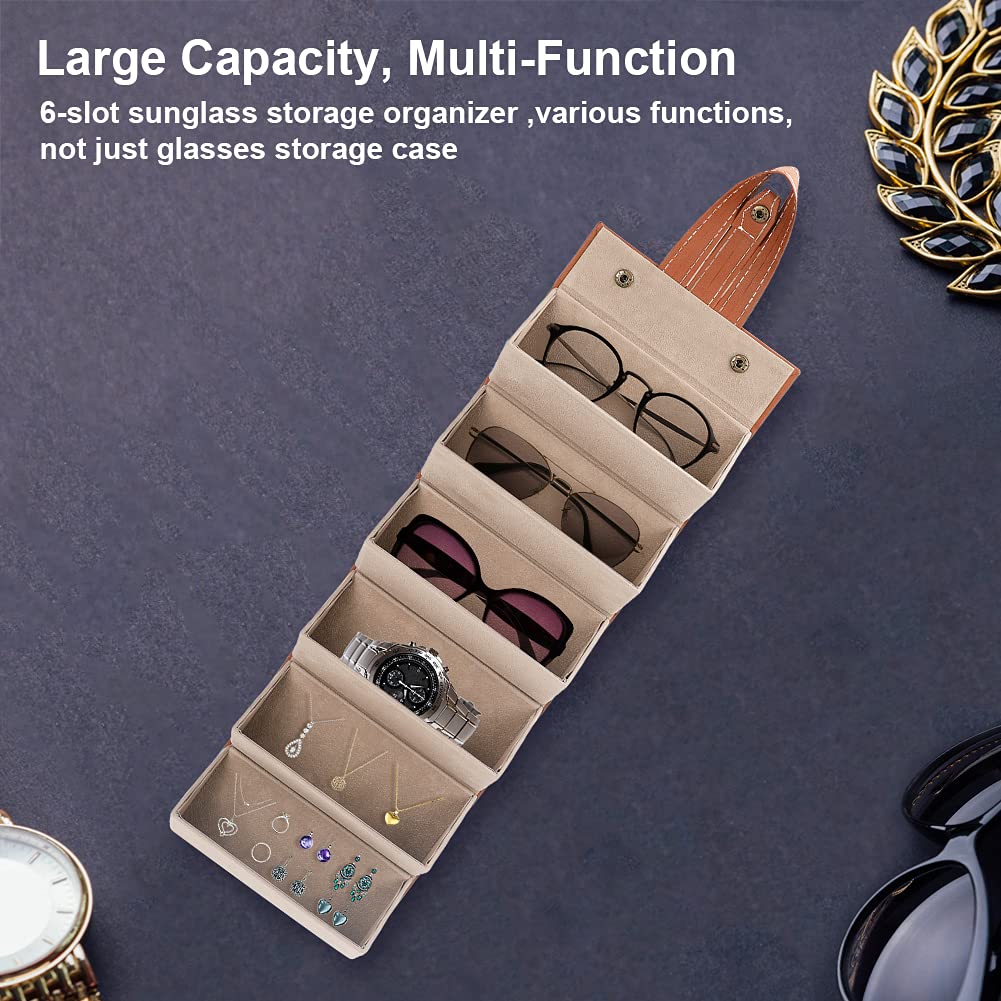 Sunglasses Travel Organizer, 6 Slots Multiple Glasses Case PU Sunglass Holder Foldable Eyeglasses Storage Box Collector