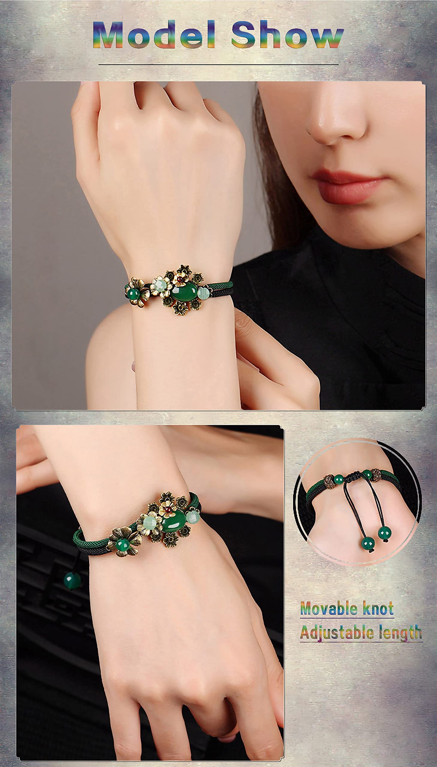 Xgimas Vintage Prosperity Flowers Jade Beaded Bracelet, Adjustable Rope Lucky Beads Wrap Charm Bracelet for Women Lovers Gift