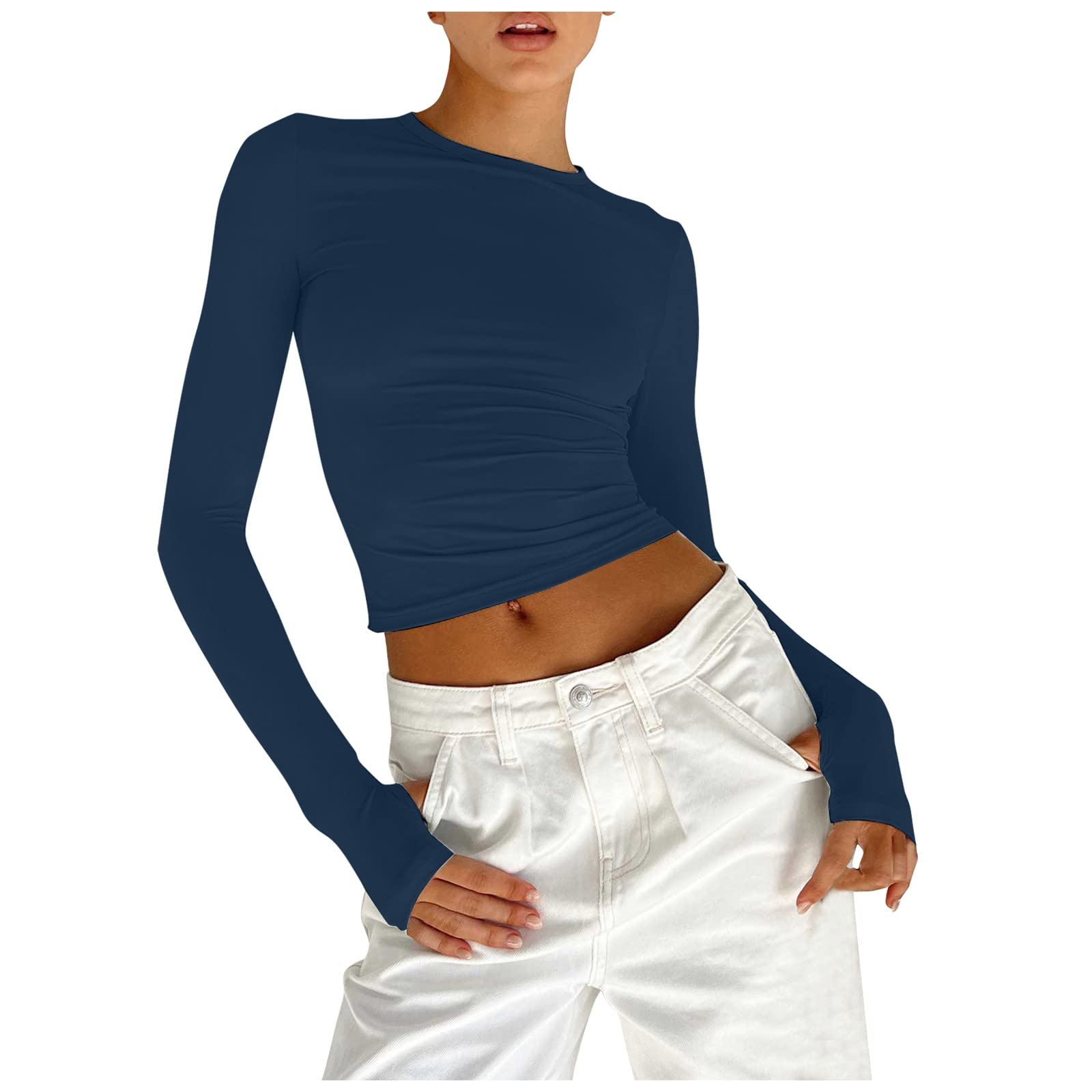 Women's Y2Ks Slim Fitted Long Sleeve Crop Tops Skinnys Crew Neck Layer Tee Tops Skimss Dupess Workout Yoga Basic Tees A-Blue