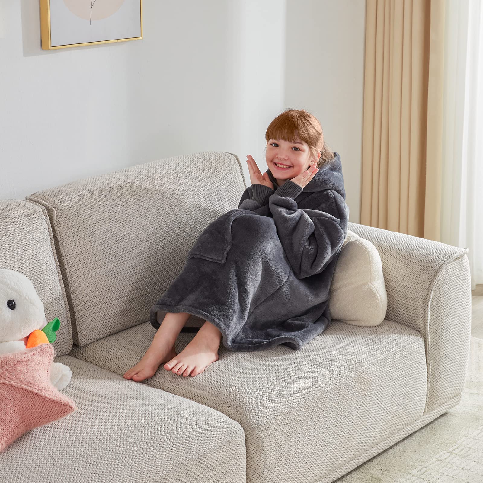 Touchat Oversized Sherpa Blanket Hoodie Sweatshirt with Hood Pocket and Sleeves, Soft Warm Plush Hooded Blanket for Kids, One Size Fits All, Grey
