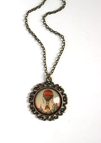 Red Hot Air Balloon Steampunk Ornate Pendant Necklace With 18" Nicke-Free Brass Chain