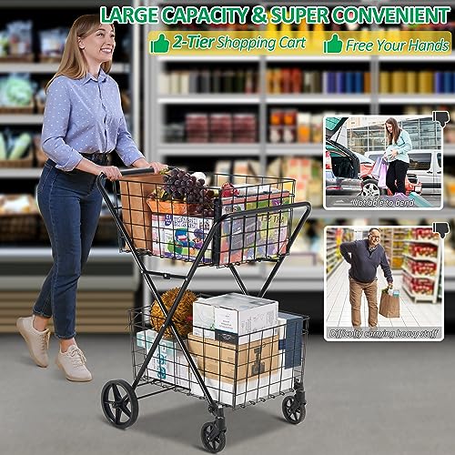 Spurgehom 2-Tier Shopping Cart with Wheels Folding Grocery Cart with Removable Double Baskets 360° Rolling Laundry Cart Compact Pet Stroller Utility Cart for Groceries with Oxford Cloth Liner, Black