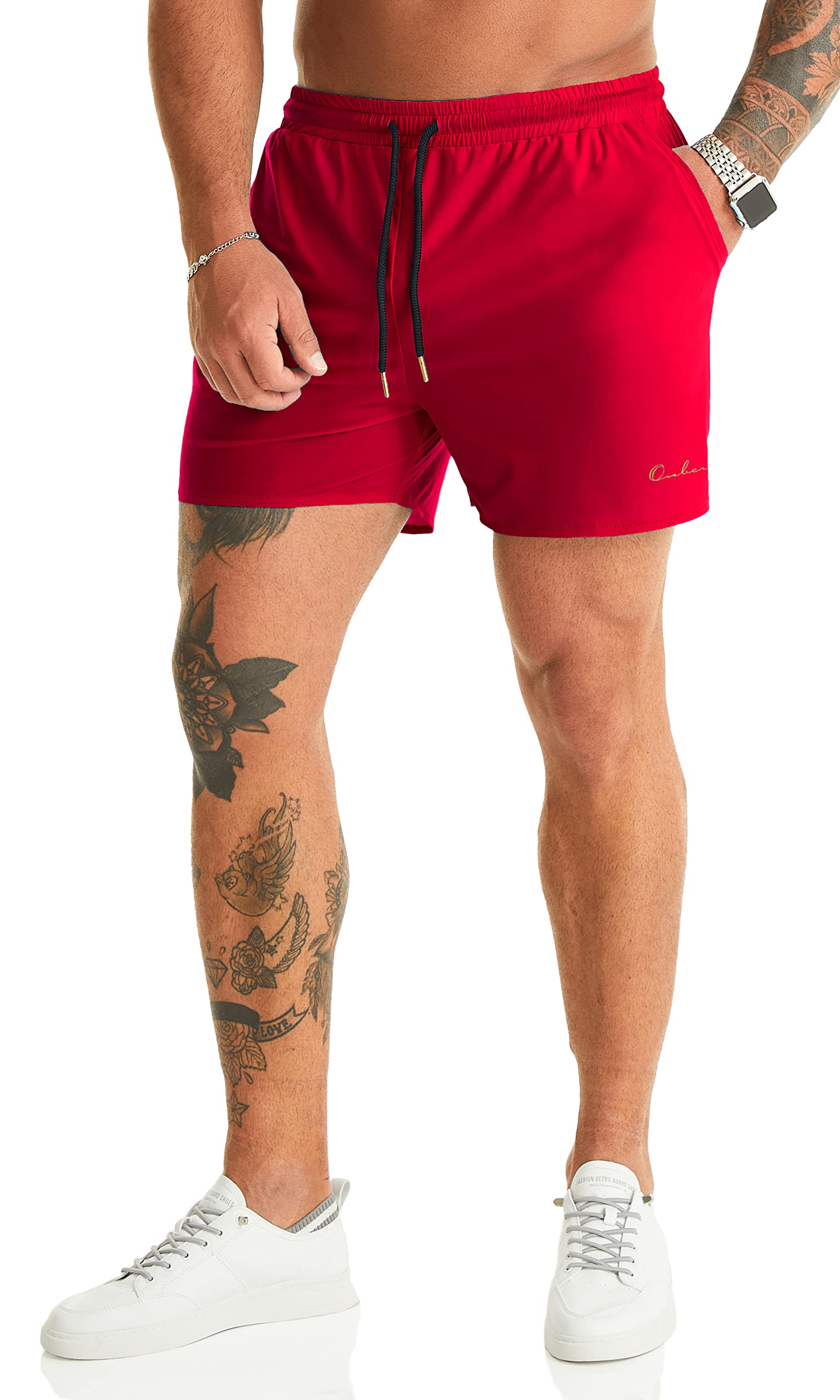 Ouber Men's Light Athletic Short Workout Quick Dry Shorts for Running Swimming Gym Training Shorts Red,M