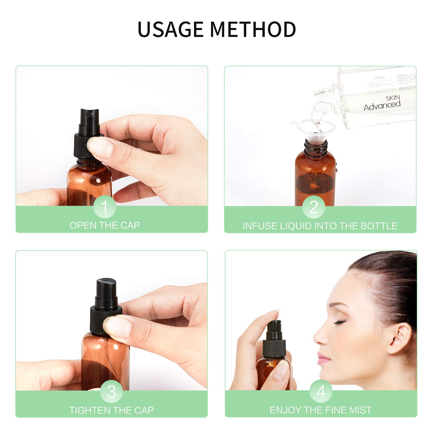 Spray Bottles with Labels,2oz Refillable Cosmetic Containers for Essential Oils, Cleaning Products, Aromatherapy or Alcohol,10 packs Small Empty Fine Mist travel bottle with 2pcs Funnels (Brown)