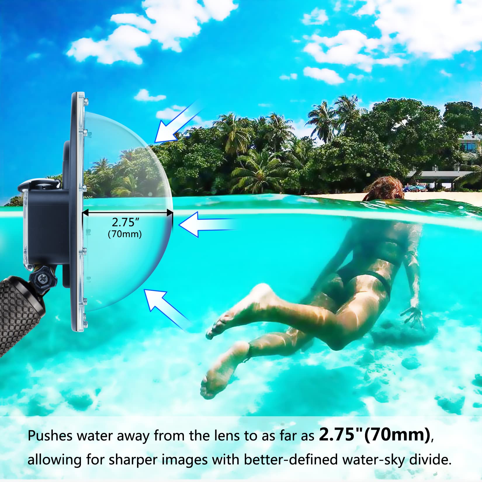 Six (6) inch Multimode Waterproof Dome Port for GoPro Hero 5,6,7 Black with Waterproof Housing, Shutter Trigger, 10x Magnifier and red Filter - Waterproof up to 45 Meters